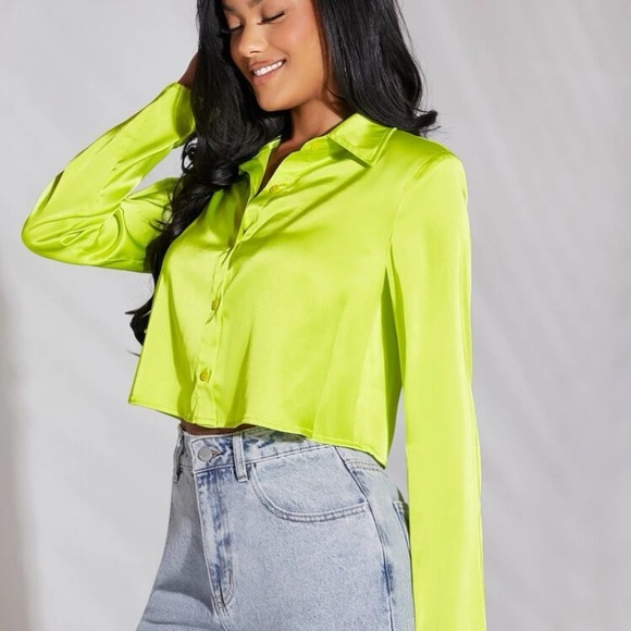 Tops | Neon Wide Sleep Satin Cropped Length Button Up Top | Poshmark